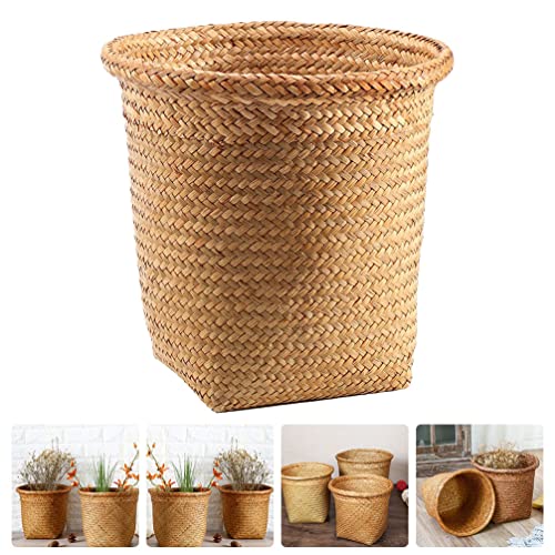 Ipetboom Office Decor Woven Rattan Trash Can Hand Woven Basket Planter Flower Pots Storage Container Farmhouse Round Trash Can Rattan Garbage Bin Wicker Laundry Basket Rustic Decor Desktop