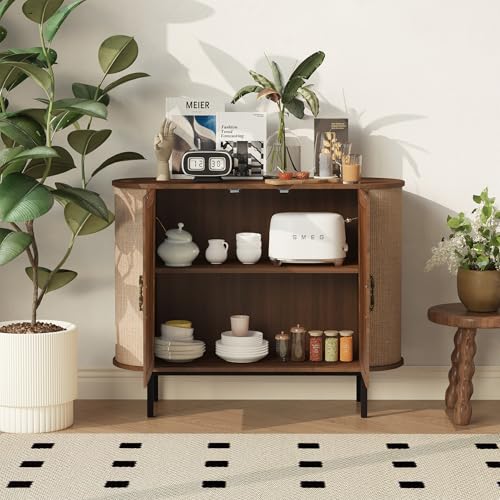 Janmer Home 39.4" Buffet Cabinet with Storage, Curved Storage Cabinet with 2 Doors, Boho Modern Accent Cabinet with Adjustable Shelves for Living Dining Room, Hallway, Entryway (39.4inch, Walnut)