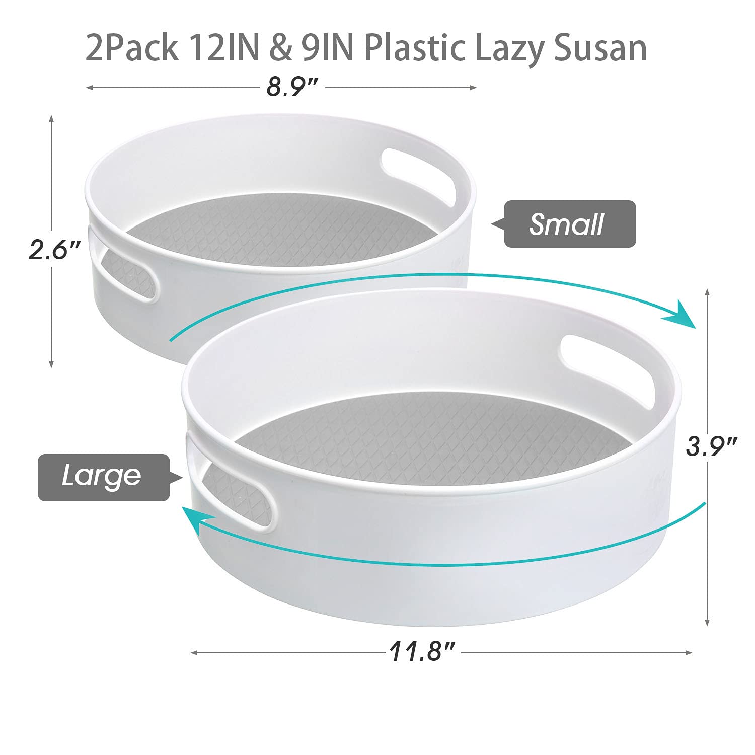 Jeko 2 Pack Plastic Lazy Susan Turntable Storage Container Non-Skid Lining Kitchen Spinning Cabinet Organizers, 9" & 12" Rotating Spice Organizer for Fridge, Pantry, Countertop, Vanity