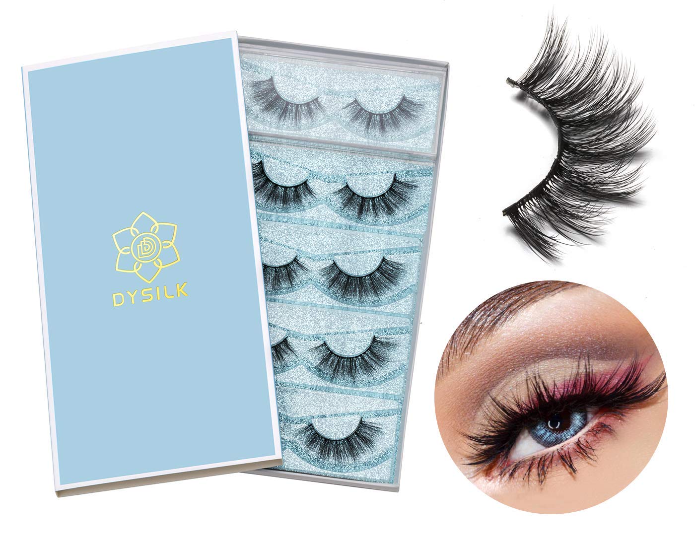 DYSILK 5 Pairs Faux Mink Eyelashes 6D Natural Look Fluffy False Eyelashes Cross Wispies Long Extension Fake Eyelashes Thick Makeup Soft Reusable Lashes Pack