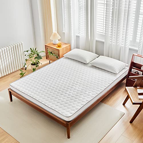 Memory Foam Mattress Topper 4 Inches with Supportive, High-Density Foam - 2 Layer Hybrid Cooling Bed Topper with Knitted Cotton & Charcoal Skin Friendly Cover - Queen Size