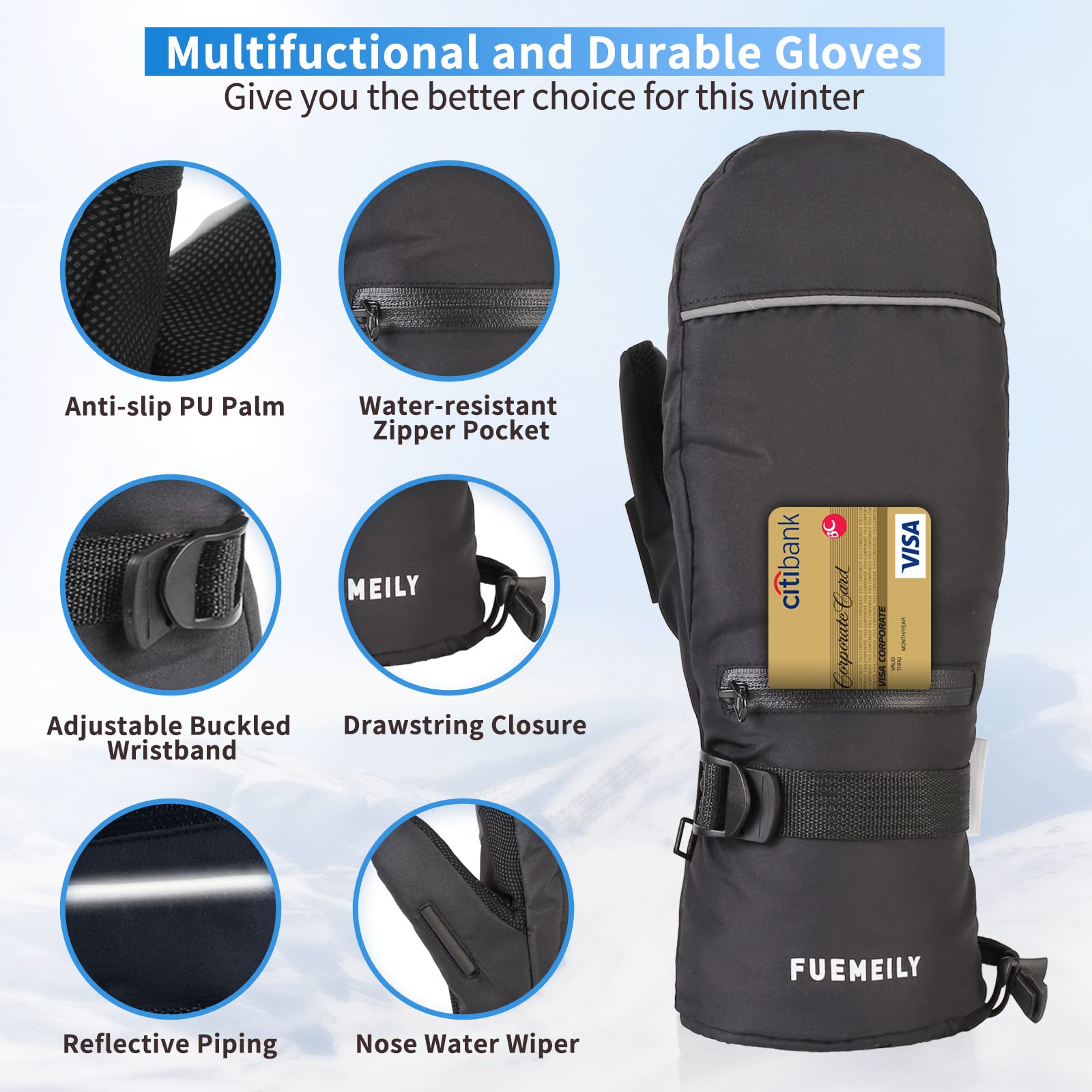 FUEMEILY Winter Ski Mittens for Men Women, Warm Snow Mitts for Cold Weather, 3M Thinsulate Gloves for Snowboarding Skiing