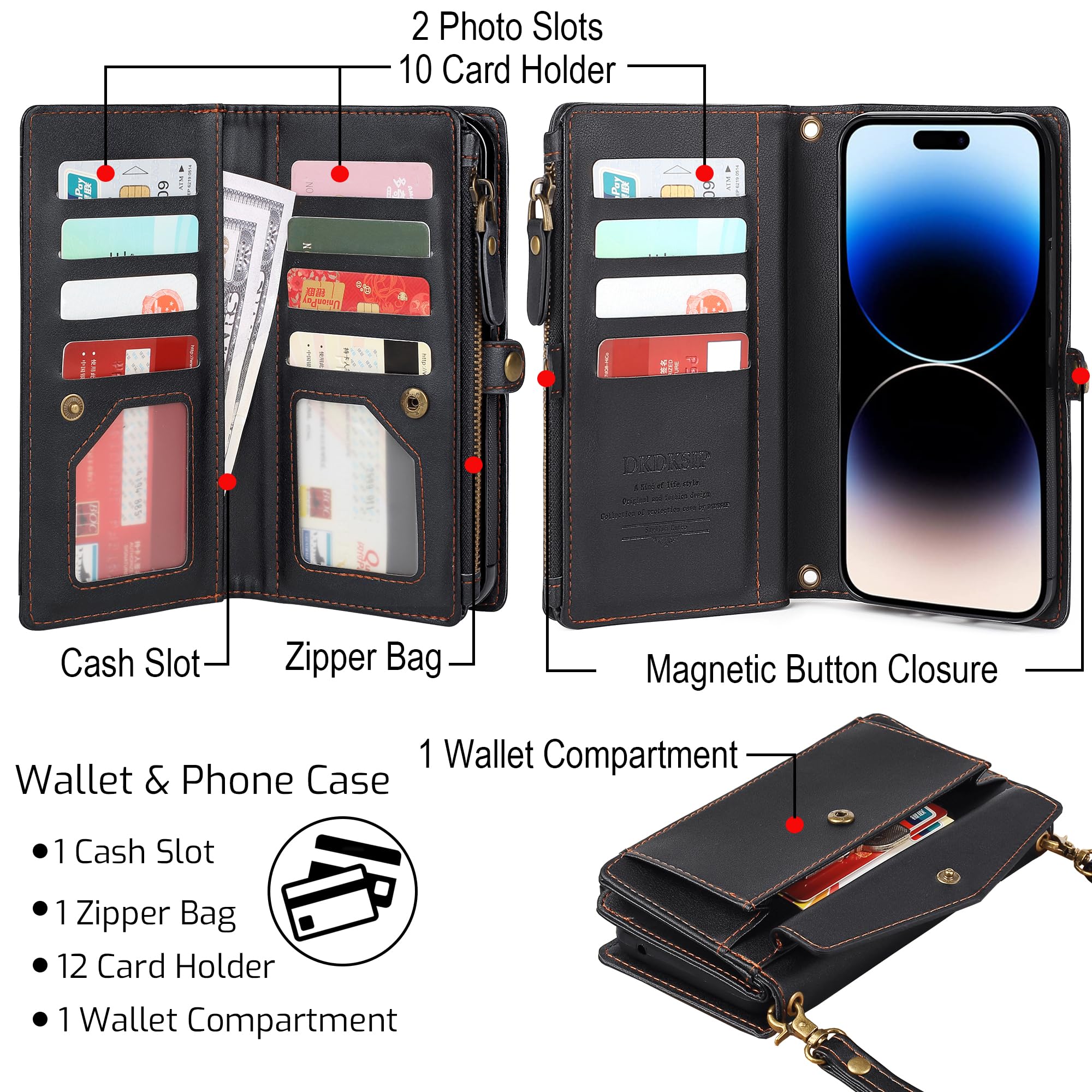 DKDKSIP for iPhone 15 Wallet Case for Women, Support Wireless Charging with RFID Blocking Card Holder, PU Leather Zipper Wallet Detachable Magnetic Phone Case with Crossbody Strap, Black