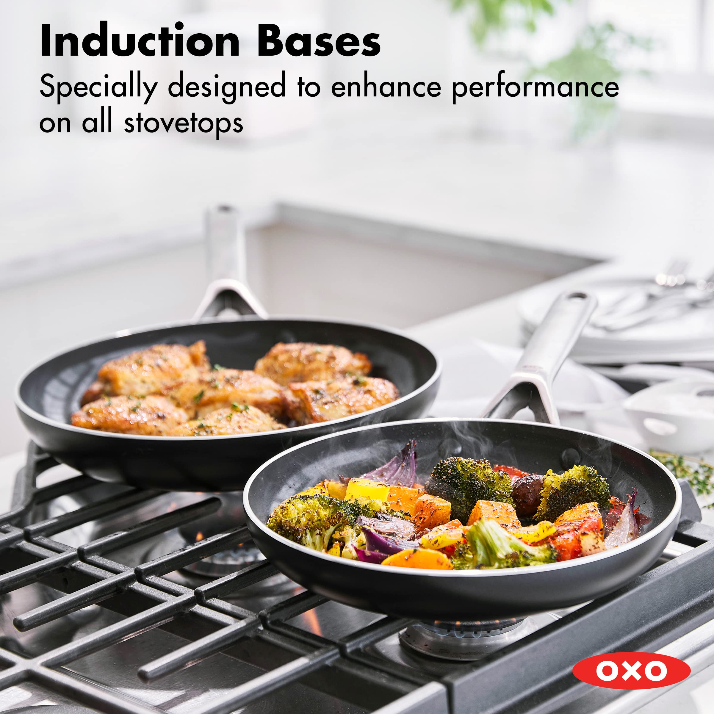 OXO Agility Series 9.5" and 11β Frying Pan Skillet Set, Ceramic Nonstick Cookware PFAS-Free Induction Suitable Quick Even Heating, Stainless Steel Handle, Chip-Free Rims Dishwasher and Oven Safe Black