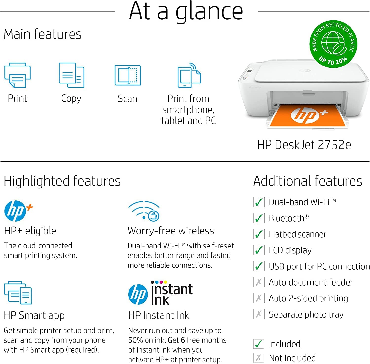 HP DeskJet 2752e Wireless All-in-One Color Inkjet Printer for Home Office, White - Print Scan Copy - Icon LCD Display, 1200 x 1200 dpi, WiFi, Bluetooth, USB, Cbmou Printer Cable (Renewed)