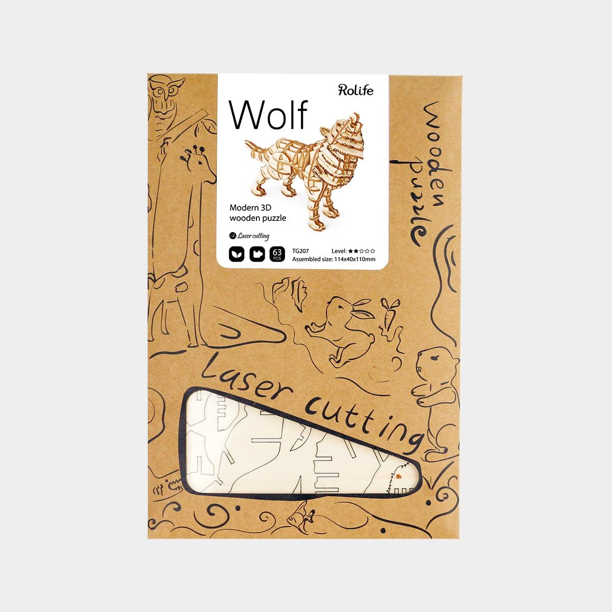 Rolife Build Your Own 3D Wooden Assembly Puzzle Wood Craft Kit Wolf Model Gifts for Kids and Adults