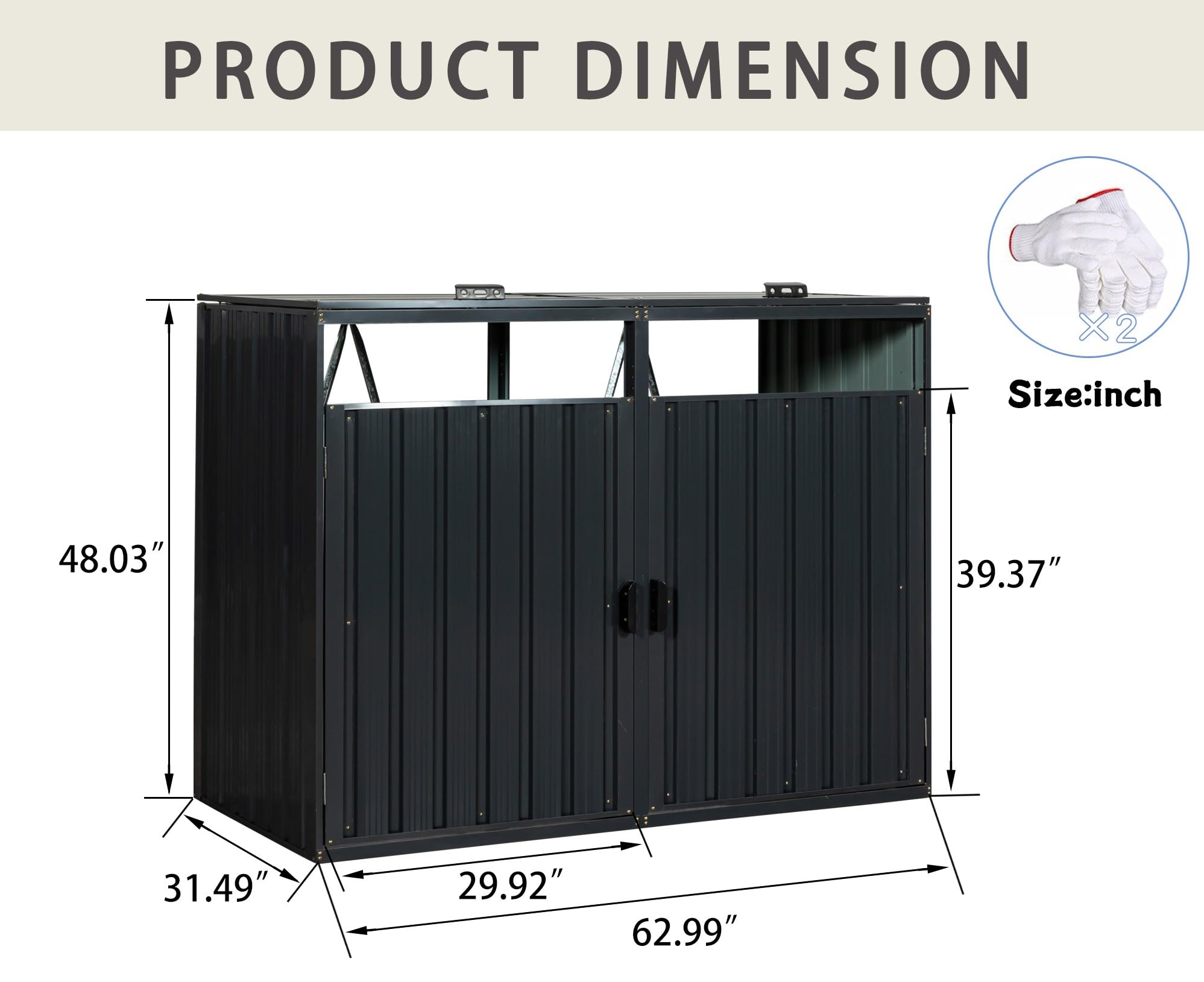 Outdoor Garbage Bin Storage Shed Galvanized Steel Outdoor Storage Shed for 2 Trash cans with Lockable Doors Metal Storage Shed for Garden Yard Lawn (Black-2)