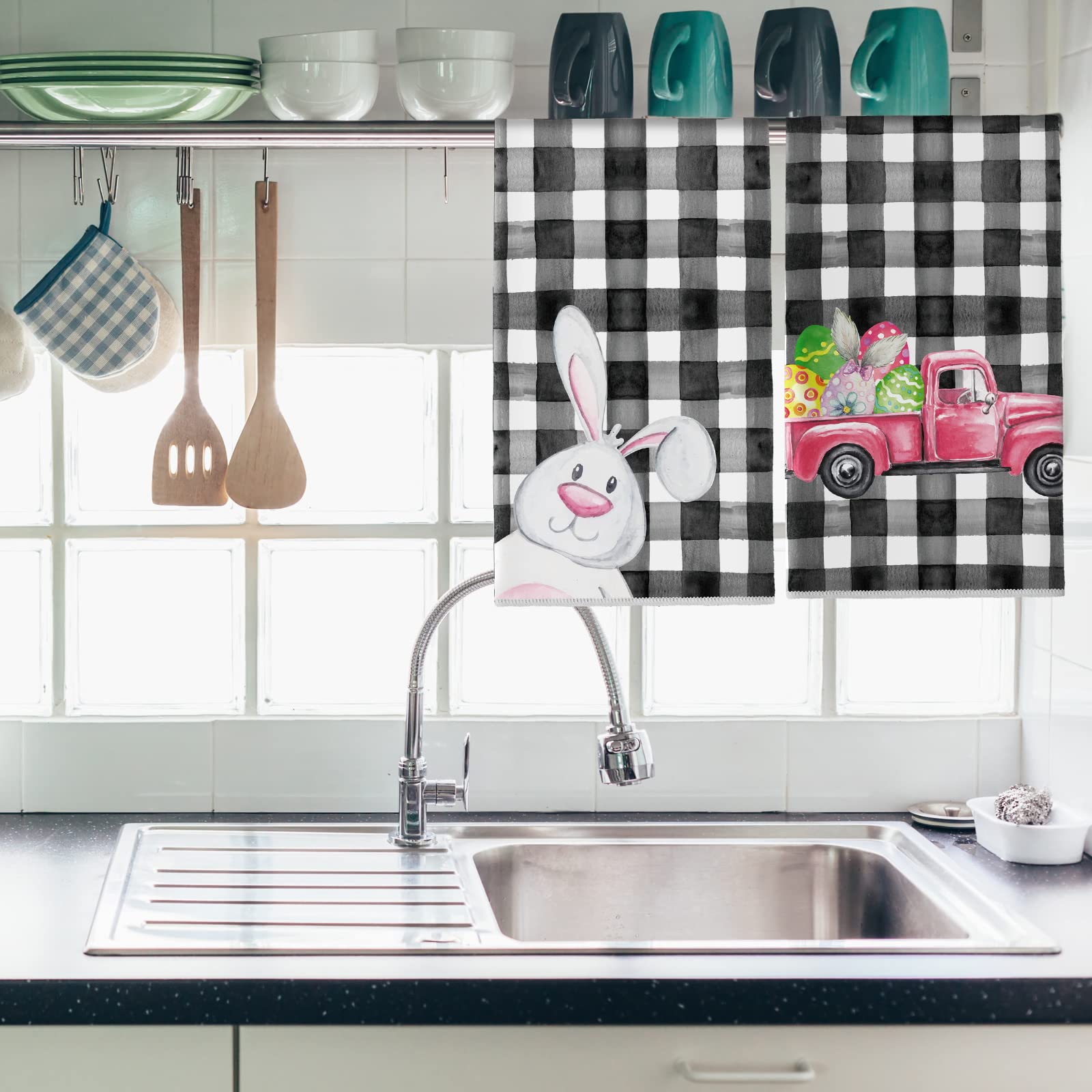 Happy Easter Kitchen Towels Set of 4 Buffalo Plaid Bunny Egg Easter Dish Towels Absorbent Drying Holiday Tea Towels Decorative Dish Cloths Easter Hand Towels for Home Decor Farmhouse Housewarming Gift