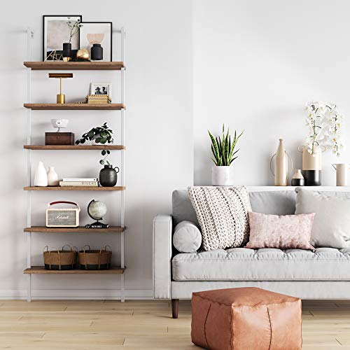 Nathan James Theo 6-Shelf Tall Bookcase, Wall Mount Bookshelf with Natural Wood Finish and Industrial Metal Frame, Rustic Oak/White