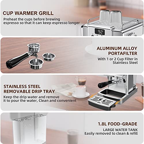 SUMSATY Espresso Machine, Espresso Machine with Milk Frother, Fast Heating Automatic, Latte and Cappuccino Machine, 20 Bar Espresso Maker, Stainless Steel, 1.8L Water Tank