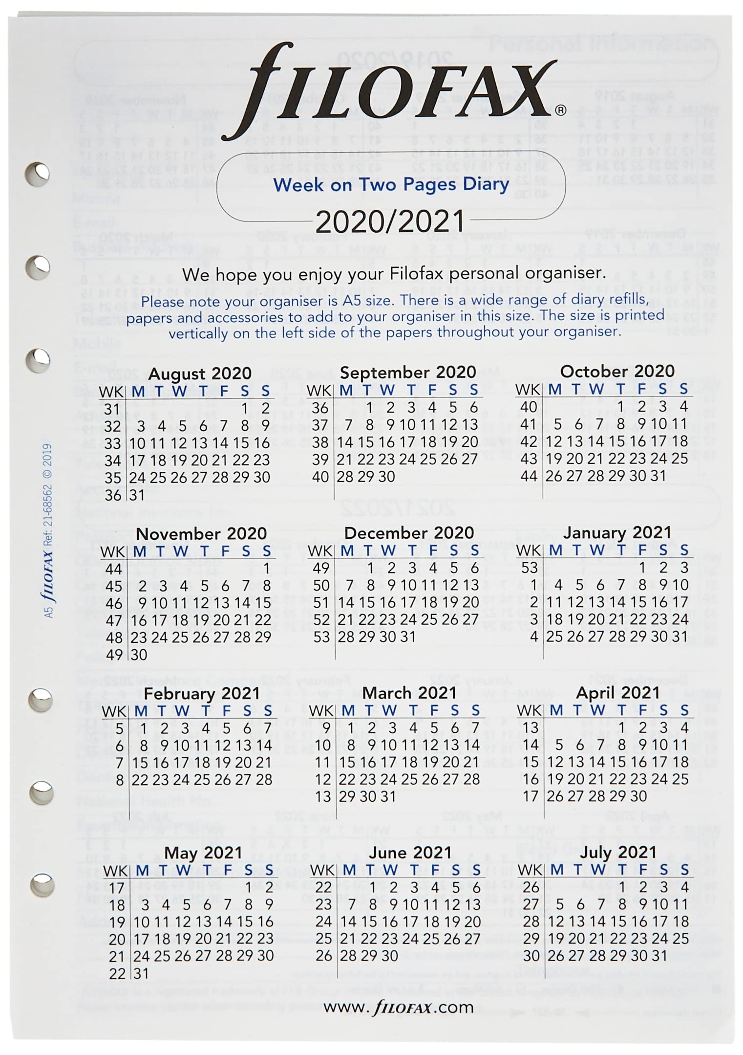Filofax A5 Week on Two Pages English mid Year Diary August 20 - July 21