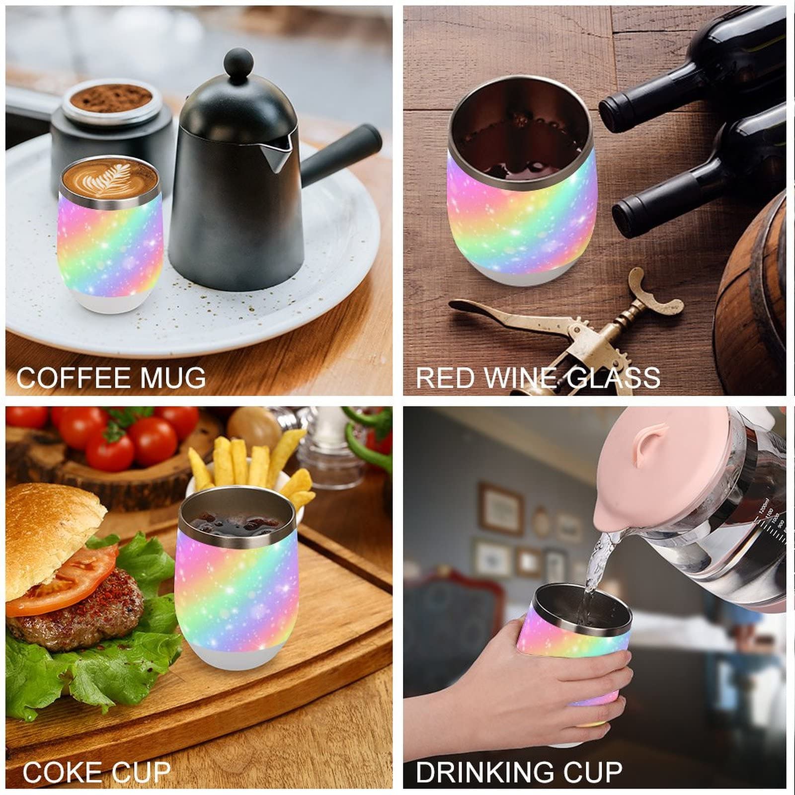 Glitters Rainbow Sky Double Wall Insulated Cup 12 Oz Stainless Steel Stemless Mug with Lids for Coffee Wine Boiled Water