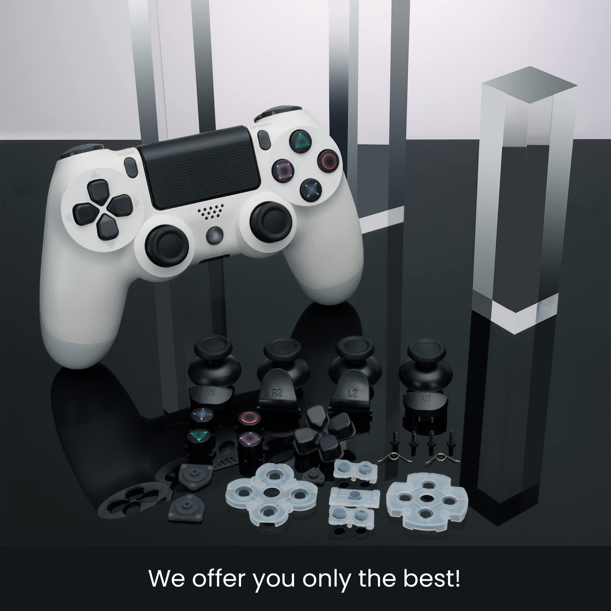 Full Button Set Replacement Parts for PS4 Controller, Thumbsticks, L1 R1 L2 R2 Triggers, Conductive Rubber Pads, ABXY Buttons, D-pad, Springs and Cross Screwdriver Repair Kit for PS4 Gen 1
