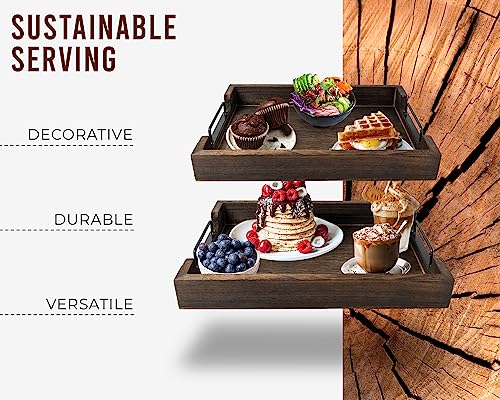 Rustic Wooden Serving Trays with Handle - Set of 2 - Large and Small, Nesting Multipurpose Trays - for Breakfast, Coffee Table/Butler & More - Rustic Brown