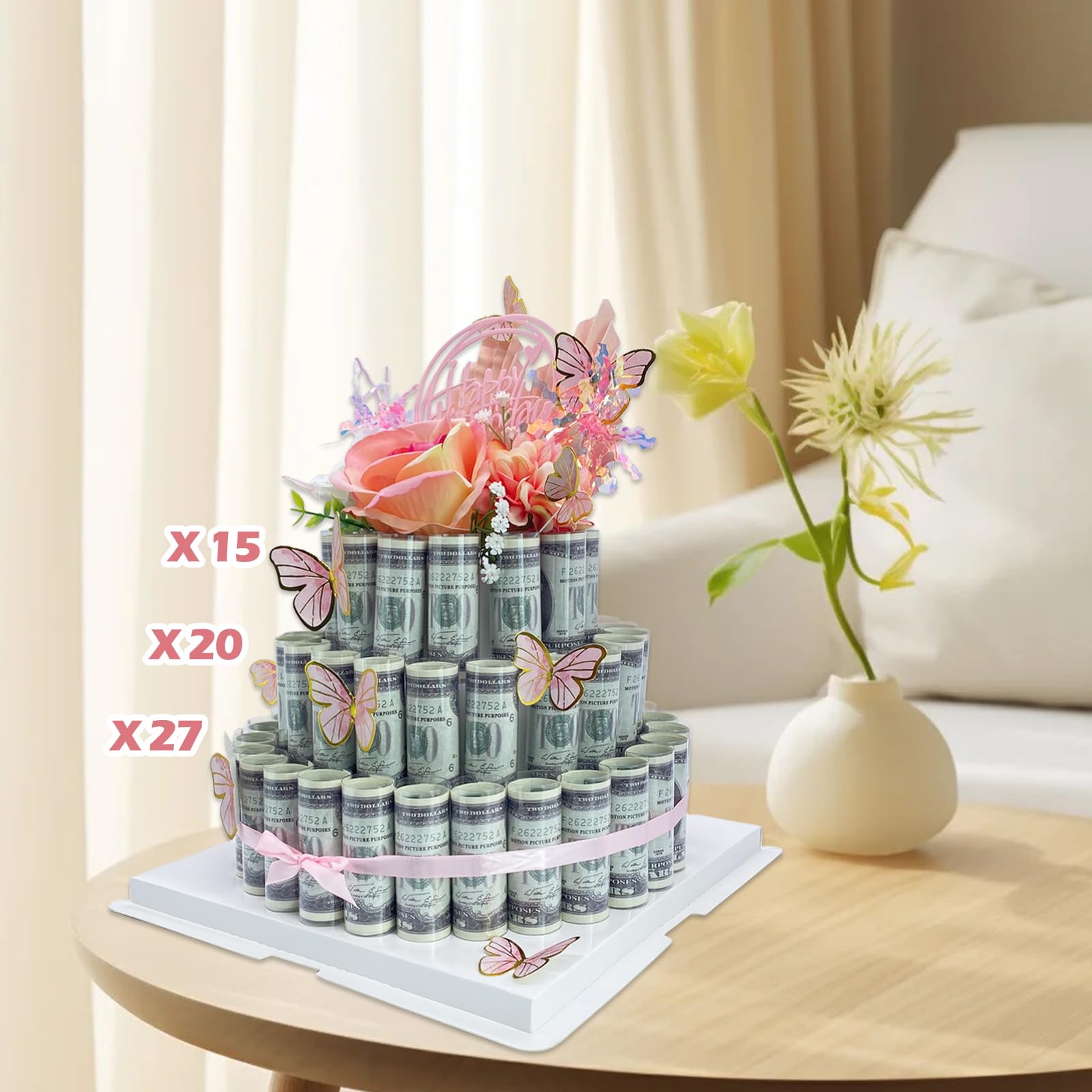 Gifting Cash Gift Boxes,Happy Birthday Day Money Gift Box,Money Flower Cake Fake Cake Gift Box,DIY Surprise Birthday Gift Box,for Birthday/Valentine's Day Unique Surprise Gift(Pink-three tier)