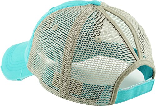 Distressed Trucker Dad Hat Messy Bun Ponytail Ponycap - Mesh Teal