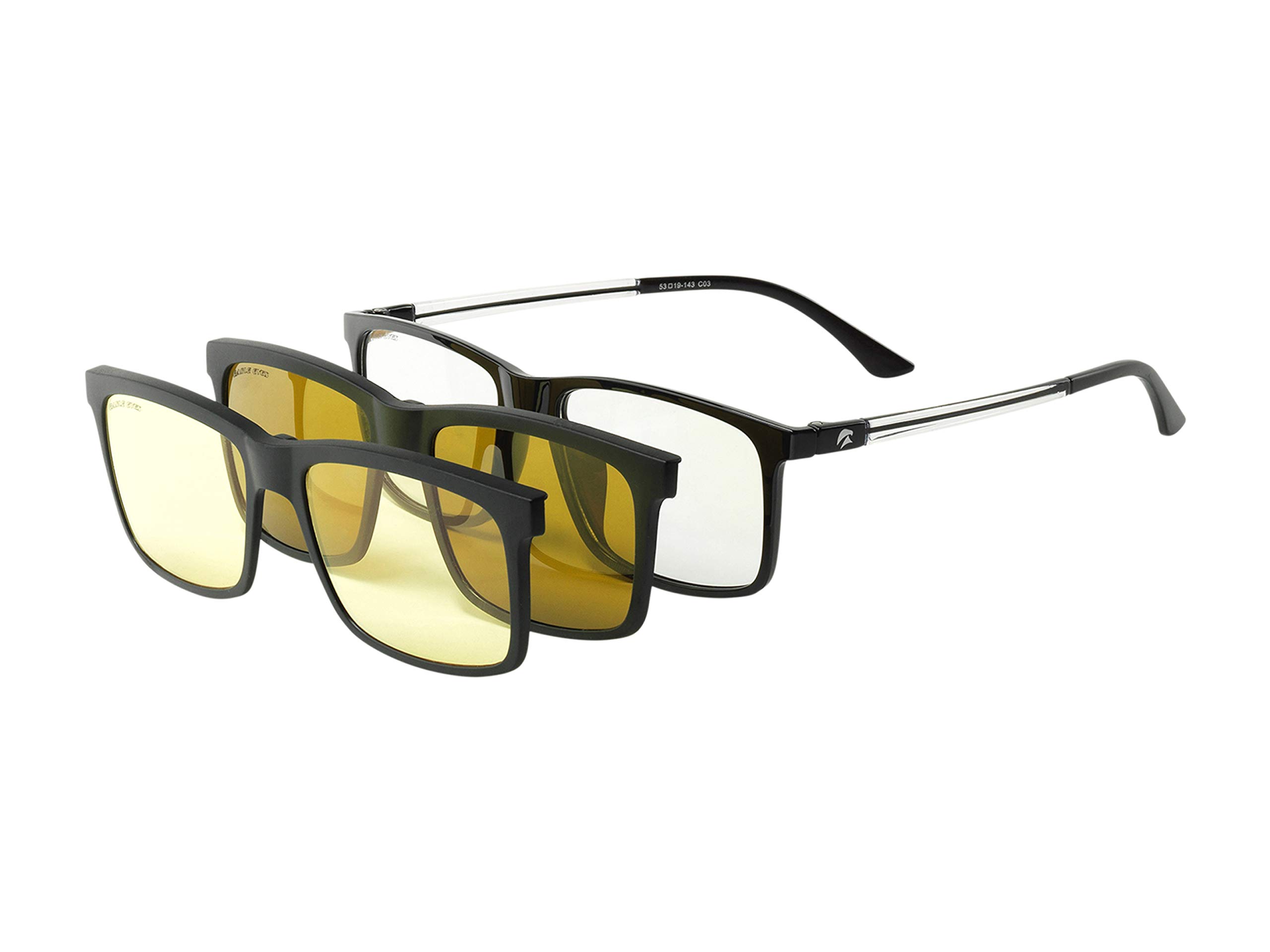Eagle Eyes 3in1 Magnetic Polarized Sunglasses/Night Driving Clip-on With Computer Lens Base Frame - (Black/Clear)