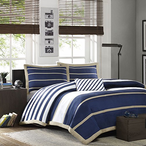 Mi Zone Ashton Duvet Modern Casual Vibrant Colorblock Design All Season Comforter Cover Teen Bedding, Boys Bedroom Décor, Full/Queen, Khaki/Navy 4 Piece
