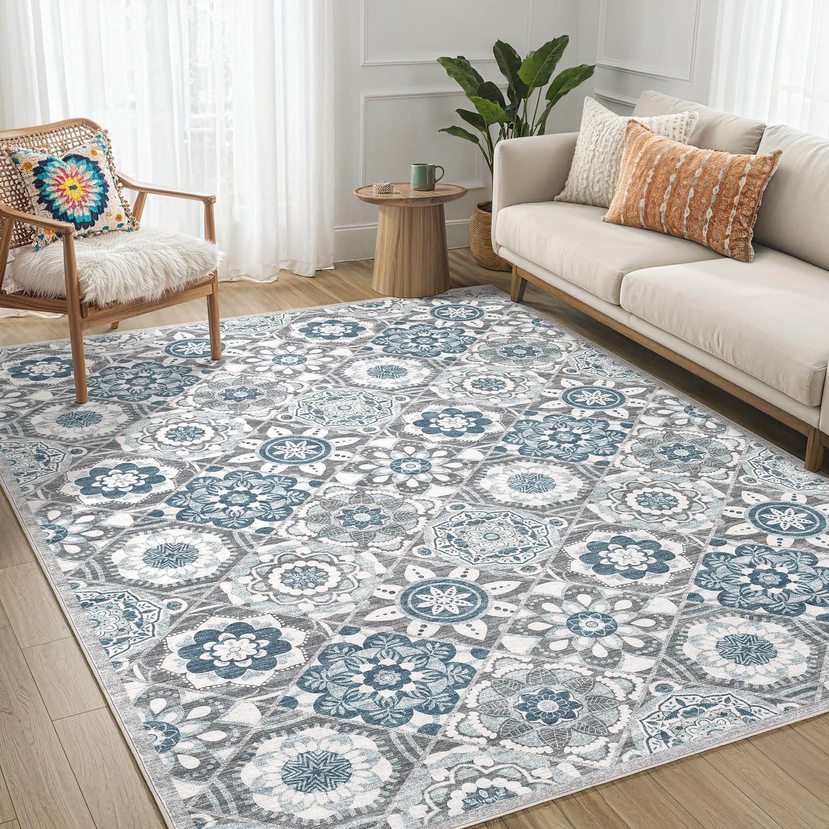 Micgeek 5X8 Area Rugs for Living Room - Washable Large Bohemian Low Pile Stain Resistant Floral Rug Soft Non Slip Neutral Indoor Floor Rugs for Bedroom Kitchen Dining Room Home Office,Grey/Blue