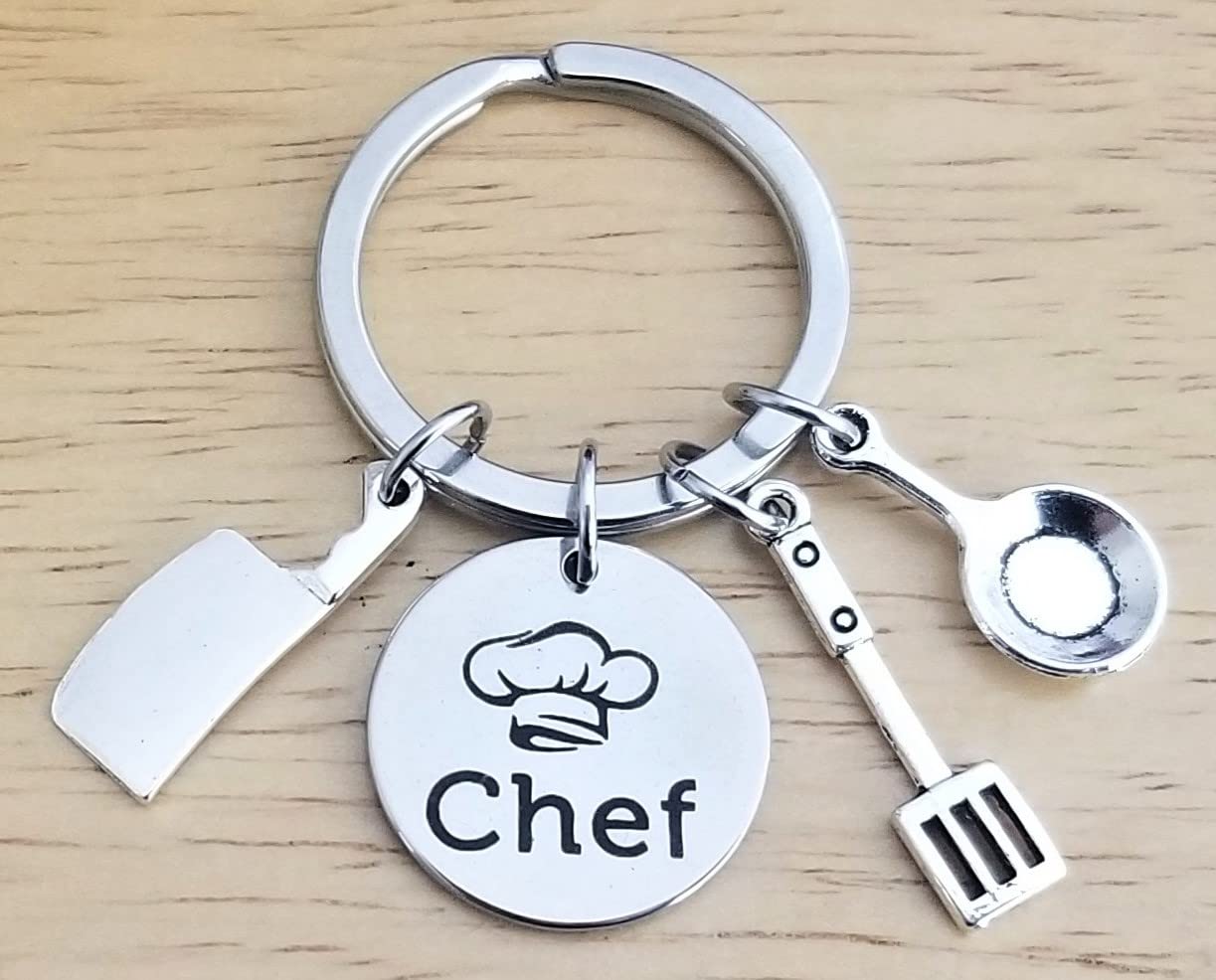 Kit's Kiss Chef Keychain Chef Gift Cooking Spatula Frying Pan Kitchen Knife Chef Hat Charms Culinary Graduation Gift, Silver, Diameter of Key Ring: 1.2 inches (3 cm)