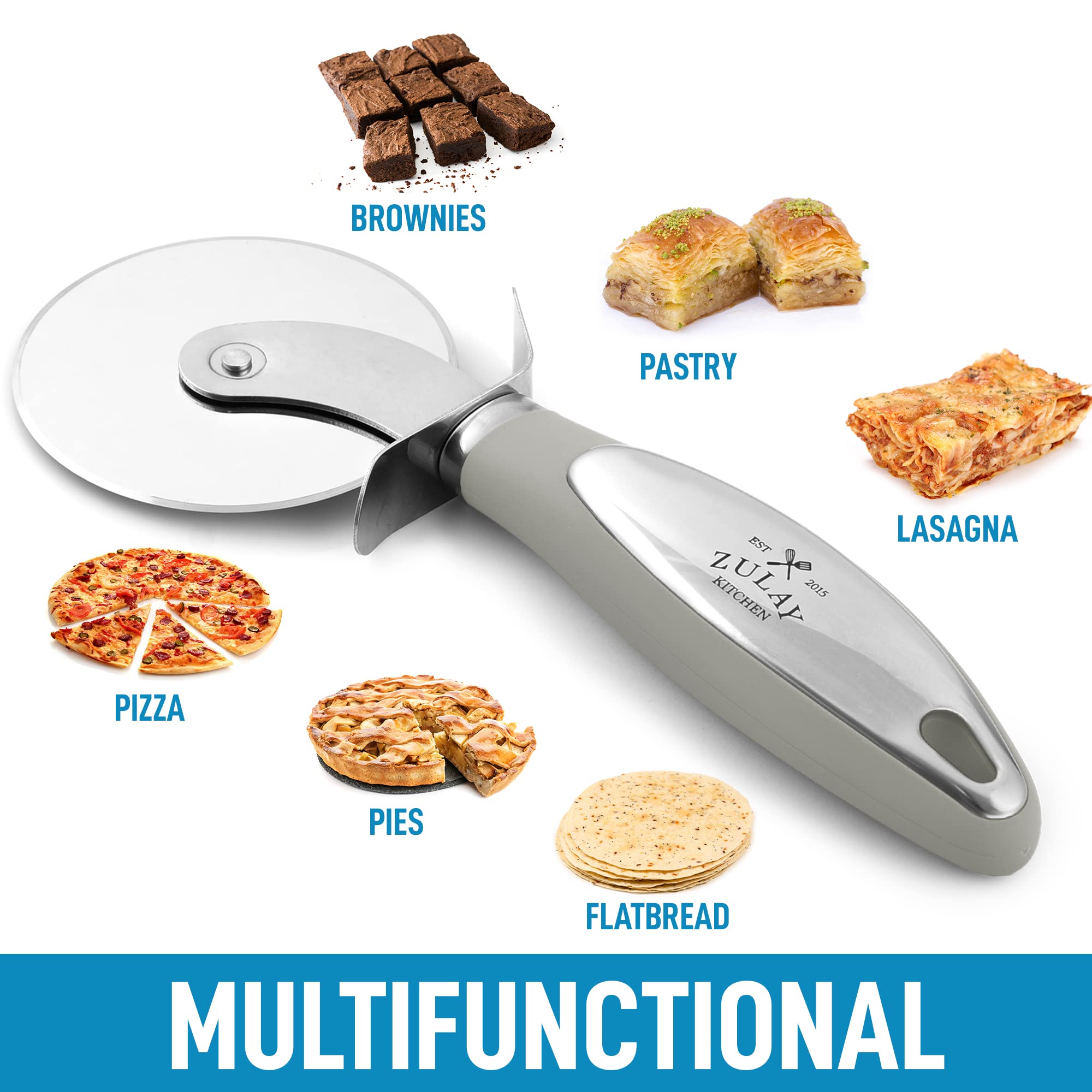 Zulay Kitchen Large Pizza Cutter Wheel - Premium Stainless Steel Pizza Slicer - Easy To Clean & Cut Pizza Wheel - Super Sharp, Non-Slip Handle & Dishwasher Friendly - Gray
