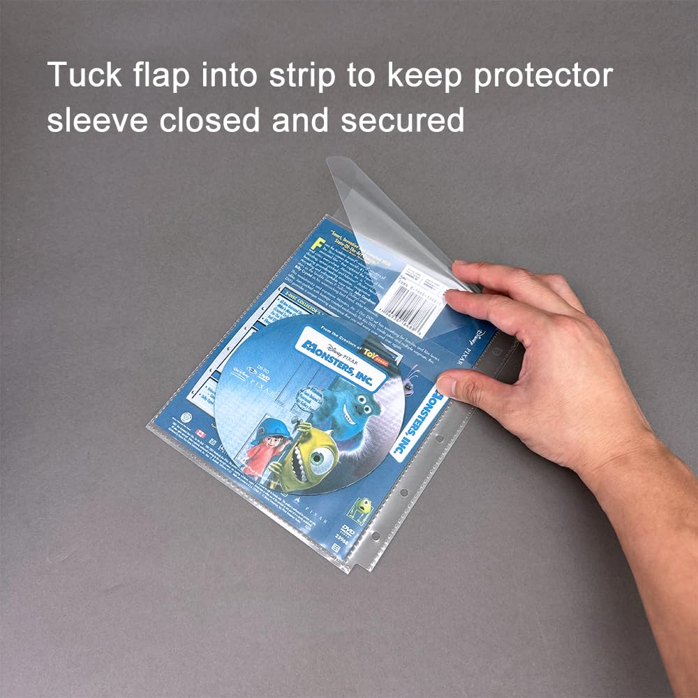 Keepfiling DVD Protective Sleeves for Binder Storage, with Space for Cover, Secured with Closing Flap - 100 Sleeves Total