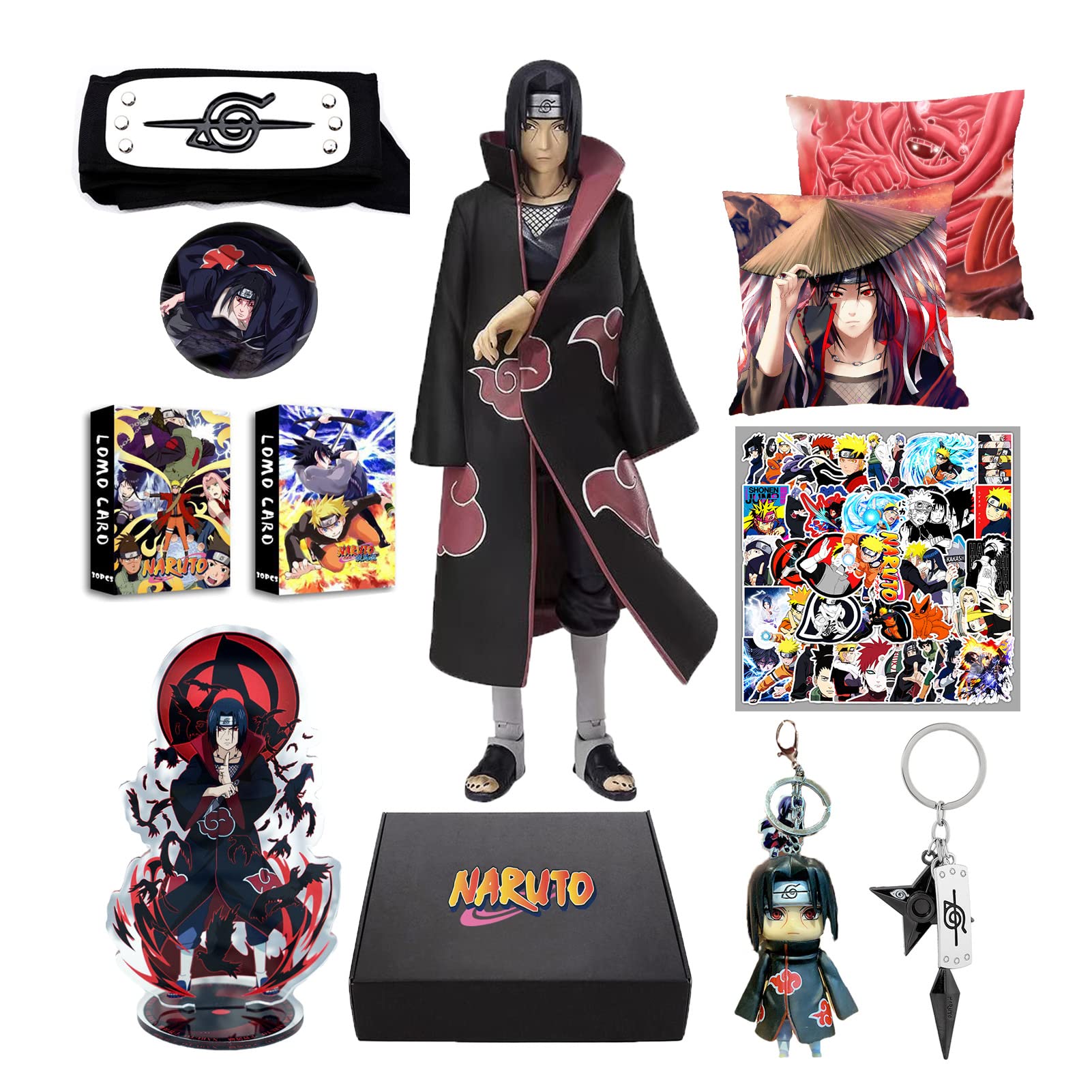HUNGAHAAPAI Anime Gift Box - Including Action Figure,Pillowcase,Stand,Keychain,Headband,2 Brooch,30 Lomo Card,54 Sticker Itachi