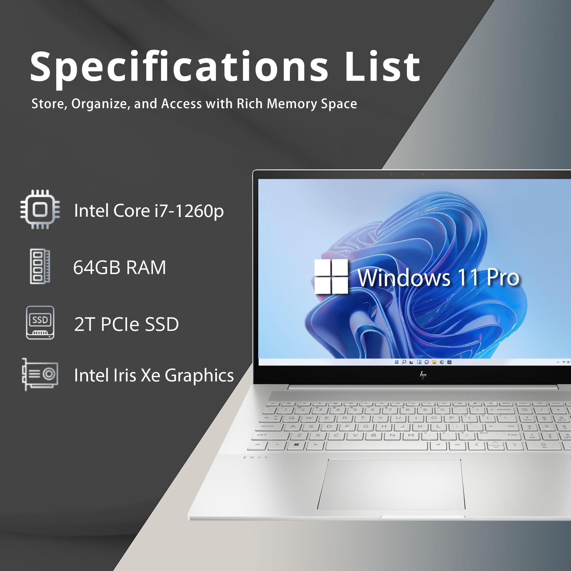 HP Envy 17.3” FHD Touchscreen Laptop, Intel i7-1260P, 64GB RAM, 2TB PCIe SSD, Band & Olufsen Audio, HD Webcam, Wi-Fi 6E, Bluetooth, Silver, Windows 11 Pro, 32GB USB Card