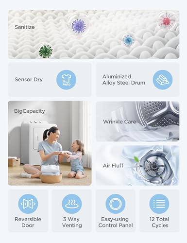 Midea MLTE37N1BWW Electric Dryer, Sensor Dry, Wrinkle Care, Air Fluff, Easy-Using Control Panel, 12 Total Cycles, 6.7 Cu.ft, White