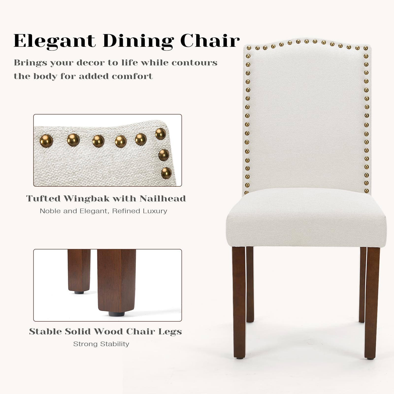 DUMOS Dining Chairs Set of 2, Fabric Dining Room Chairs, Upholstered Parsons Chairs with Nailhead Trim and Wood Legs, Kitchen Side Chair for Dining Living Room,Bedroom - Beige