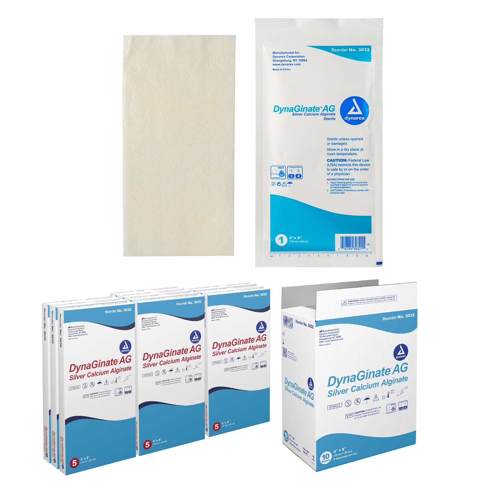 Dynarex 3032 DynaGinate AG Silver Calcium Alginate, 4" x 8" (Pack of 60)
