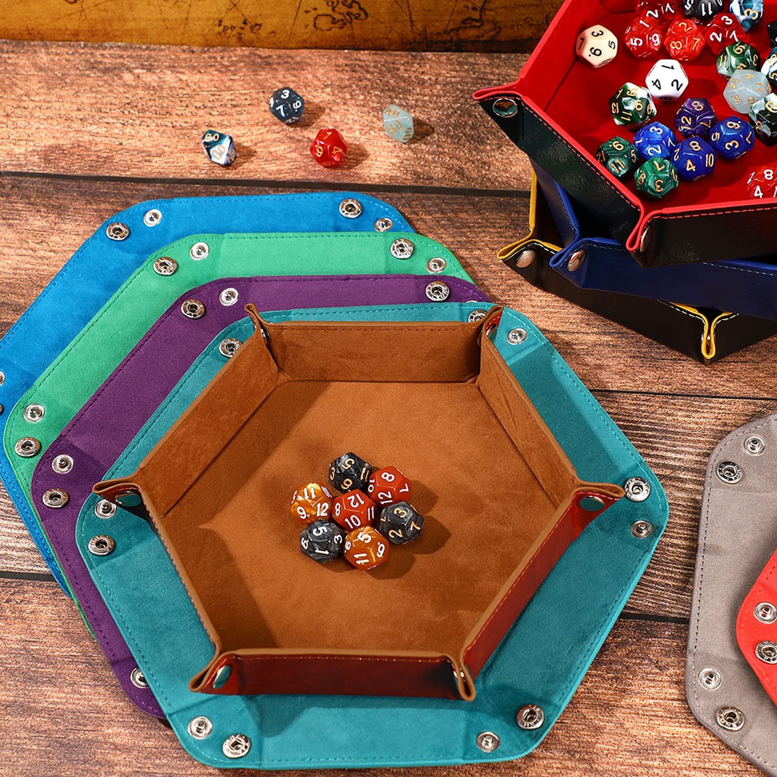 Hanaive 9 Pcs Dice Tray Set, Foldable Hexagon Rolling Tray PU Leather Portable Dice Holder Compatible with RPG Dice Games Other Table Games 9.6 W x 1.6 H