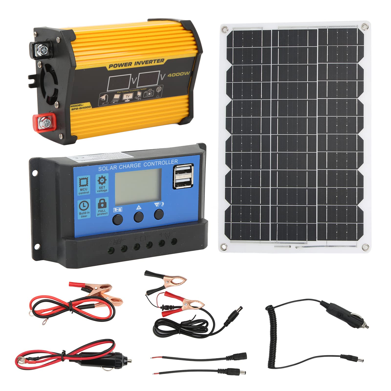 DOACT Solar Power Kit, Full Protection Solar Inverter Kit 30A Charge Controller 300W Inverter with Charging Cable for Outdoor Use (12V to 220V)