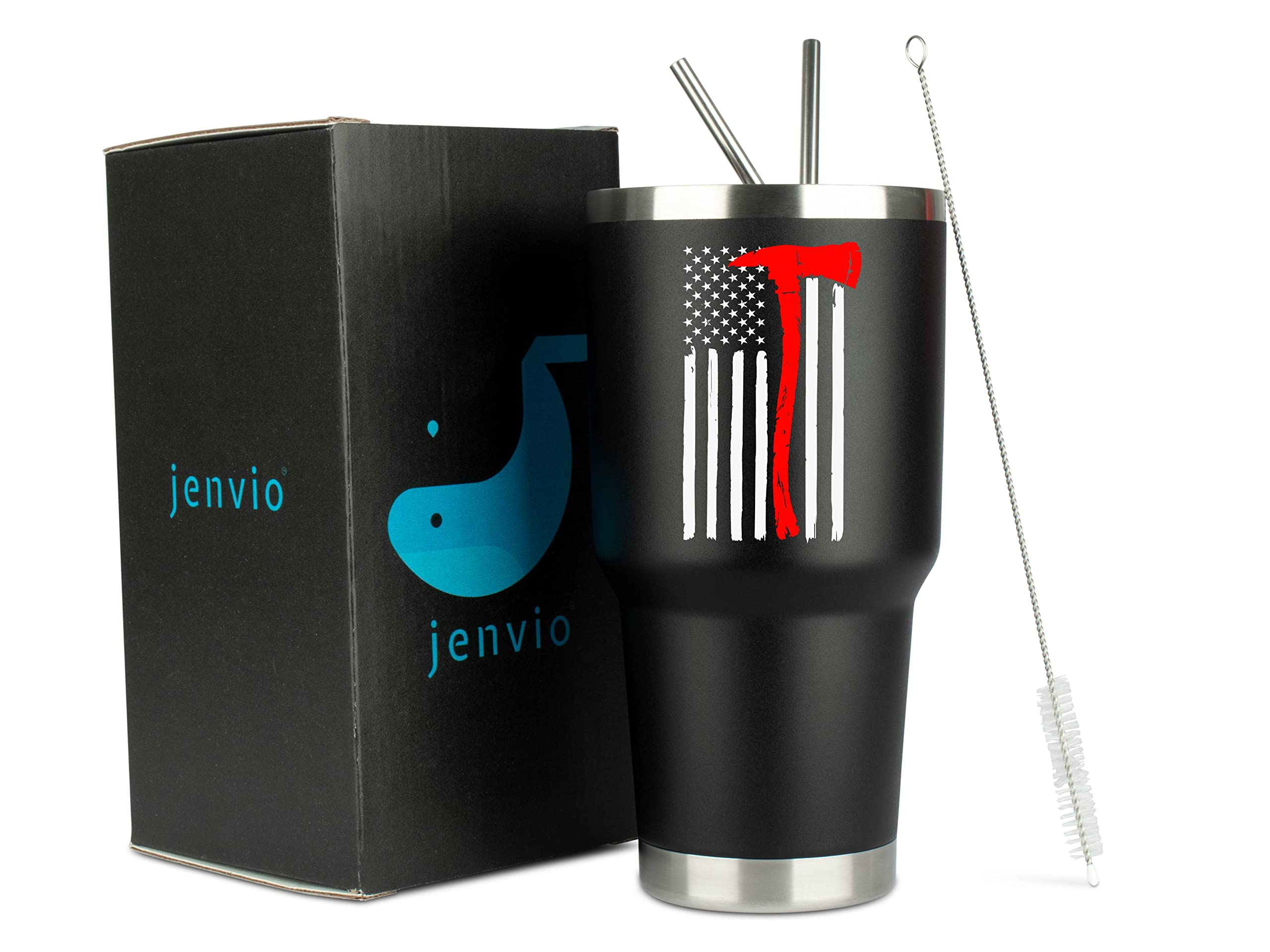 JENVIO Firefighter Gifts for Men | Stainless Steel Travel Tumbler/Mug with Two Lids and Gift Box | Thin Red Line Flag Design for Fireman Gift | Christmas Department | First Responder