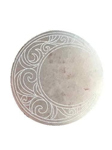 CrystalsAhoy Ethically Mined, Locally Etched 3" Selenite charging plate etched with crescent moon design, Ethically Sourced Selenite Etched in the USA