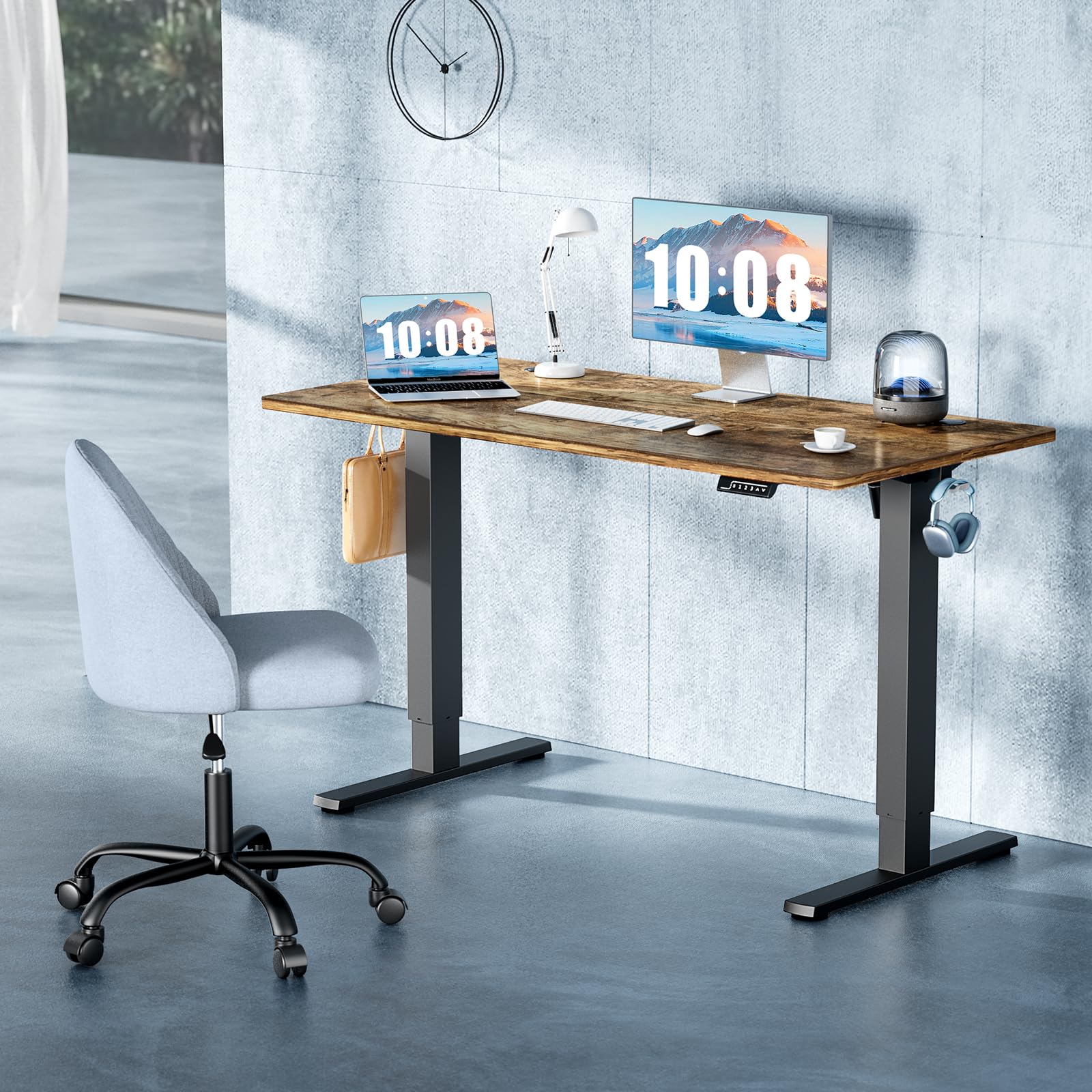 DUMOS, Electric Height Ergonomic Adjustable Memory Preset, Computer Stand Up Desk with T-Shaped Bracket Suitable for Home Office, 63 x 24 Inches, Rustic Brown