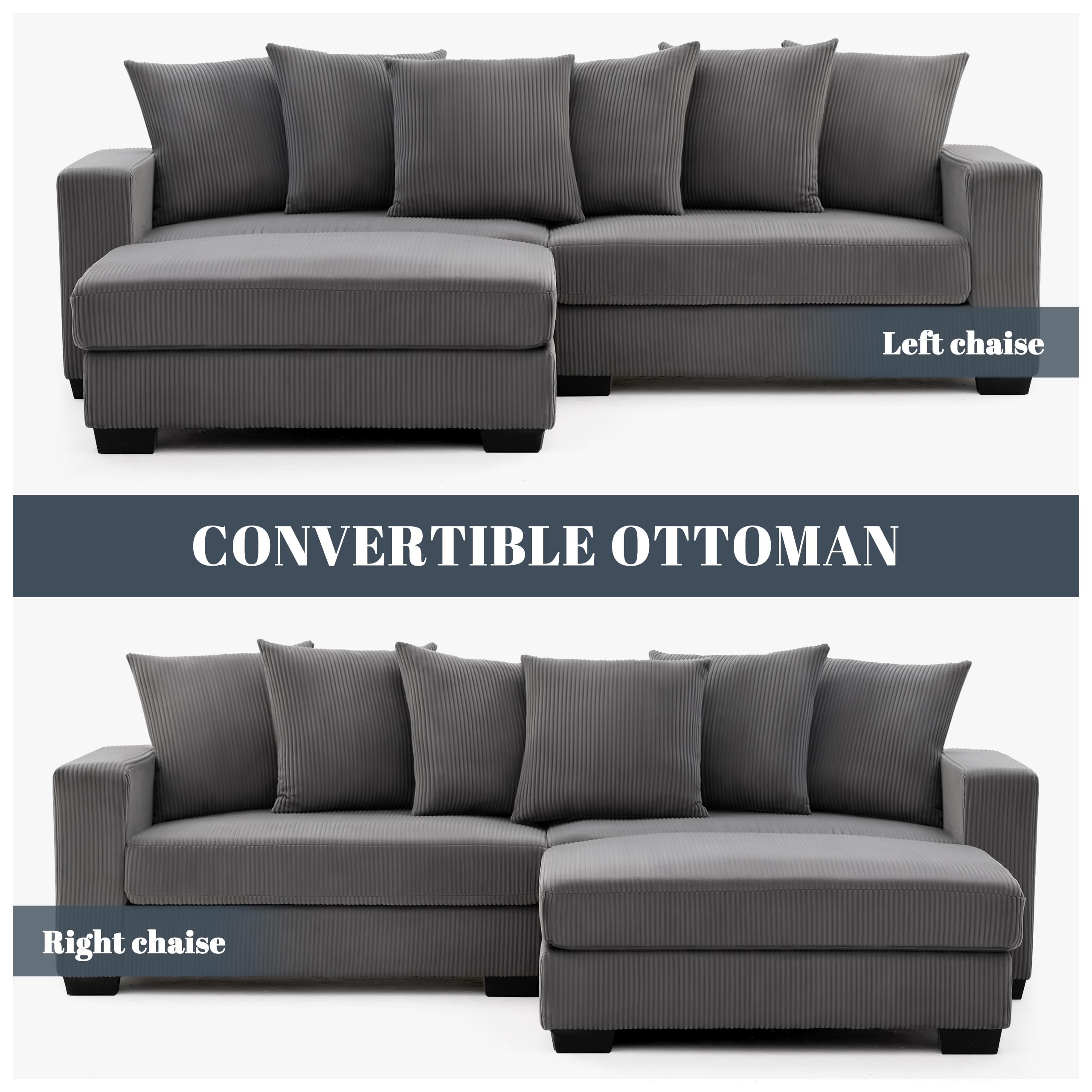Mangodan 101.6" Deep Seat Modular Sectional Sofa, Comfy Corduroy Sectional Couches for Living Room, L-Shaped Upholstered Cloud Couch with Chaise, Widened Armrests for 4 People, Dark Grey