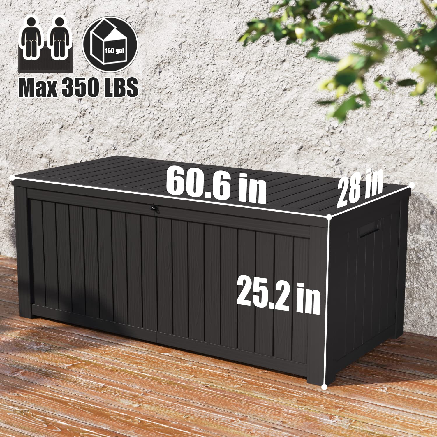 Greesum 150 Gallon Resin Deck Box Large Outdoor Storage for Patio Furniture, Garden Tools, Pool Supplies, Weatherproof and UV Resistant, Lockable, Black
