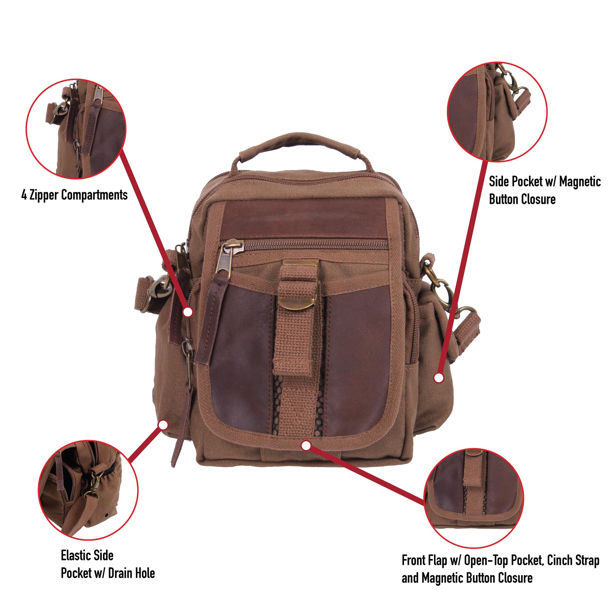 Rothco Canvas & Leather Travel Shoulder Bag, Unisex Crossbody Shoulder Bag, Brown, 8.25" X 6" X 7"