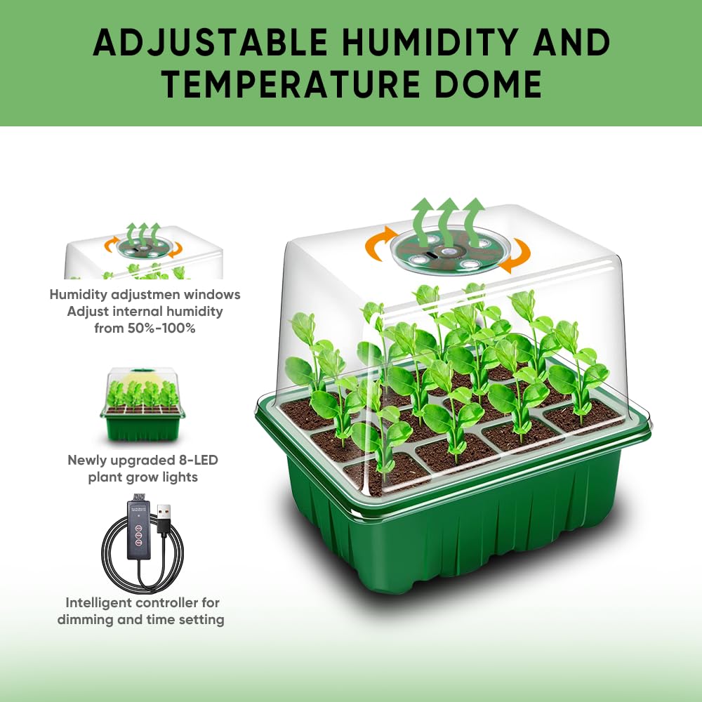 Daktenn Seed Starter Tray with Grow Light, 6 Pack Thicken Seed Starter Kit with Humidity Domes Heightened Lids, Covers Height 4.3", Timing Controller Adjustment Brightness Seed Starter with Light