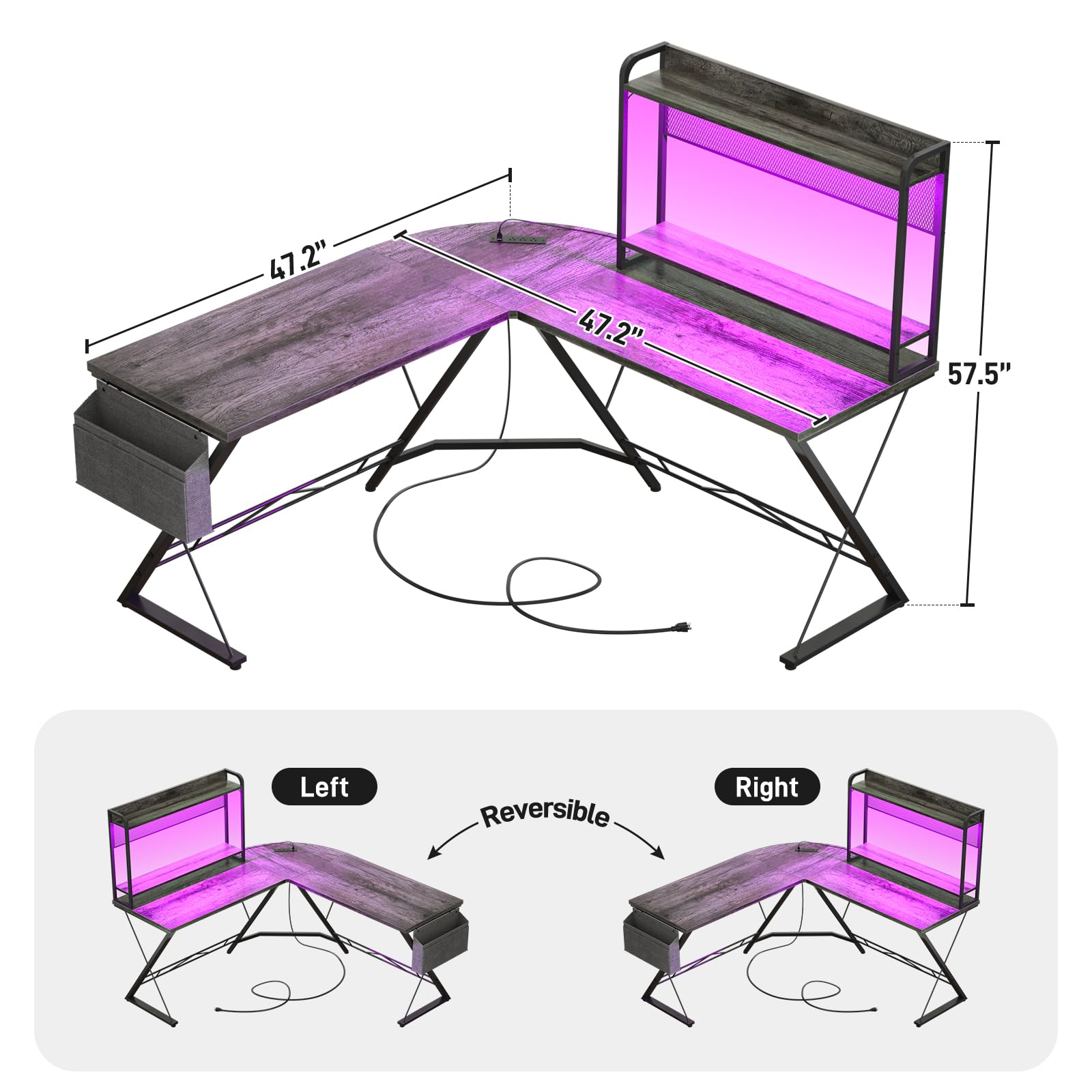 Cyclysio L Shaped Gaming Desk with Hutch, Reversible L-Shaped Desk with LED Lights and Power Outlets, Corner Gaming Desk Computer Desk with Storage Shelves & Storage Bag, Home Office Desk, Black