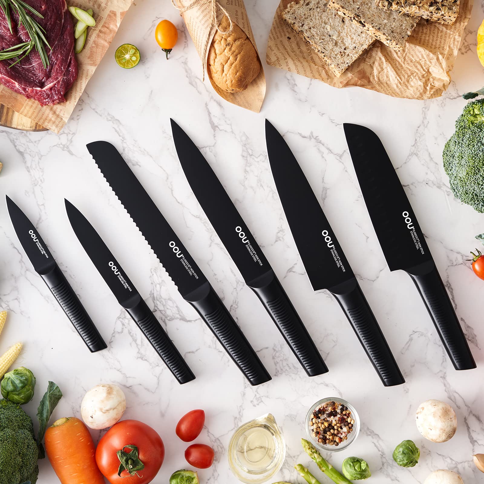 Kitchen Knife Set - OOU 6 pieces Professional Stainless Steel knife set, Dishwasher Safe Kitchen Knives - Ultra Sharp Chef Knife Set for Kitchen, Ergonomic Handle, Elegant Black