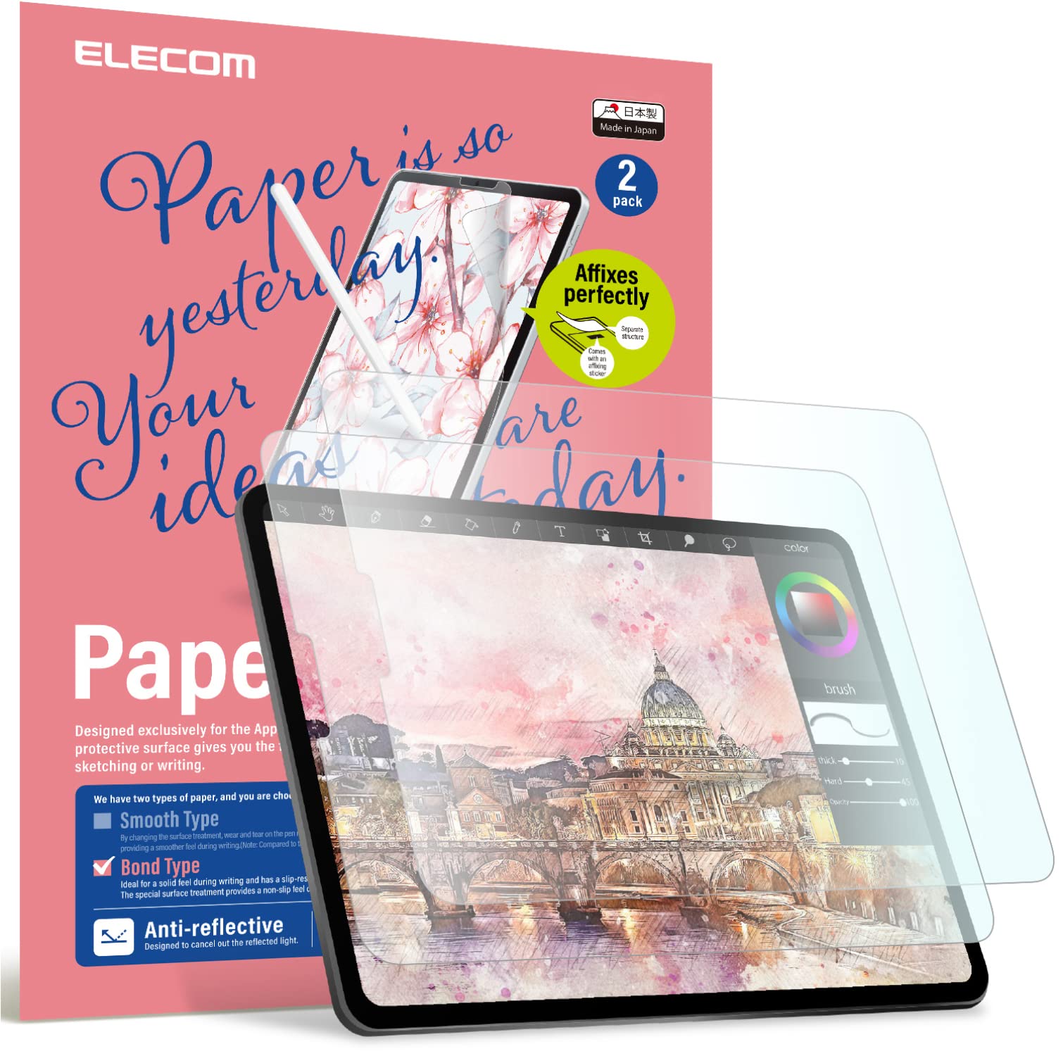 ELECOM Pencil Feel Screen Protector - 2 Packs - Easy-Install, Bond TypePad Pro4 3 2 1 (11 inch, 2022, 2021, 2020, 2018) iPad Air5 4 (10.9 inch, 20220) Drawing Notes Etaking Anti - Glare TB-APB110X-W