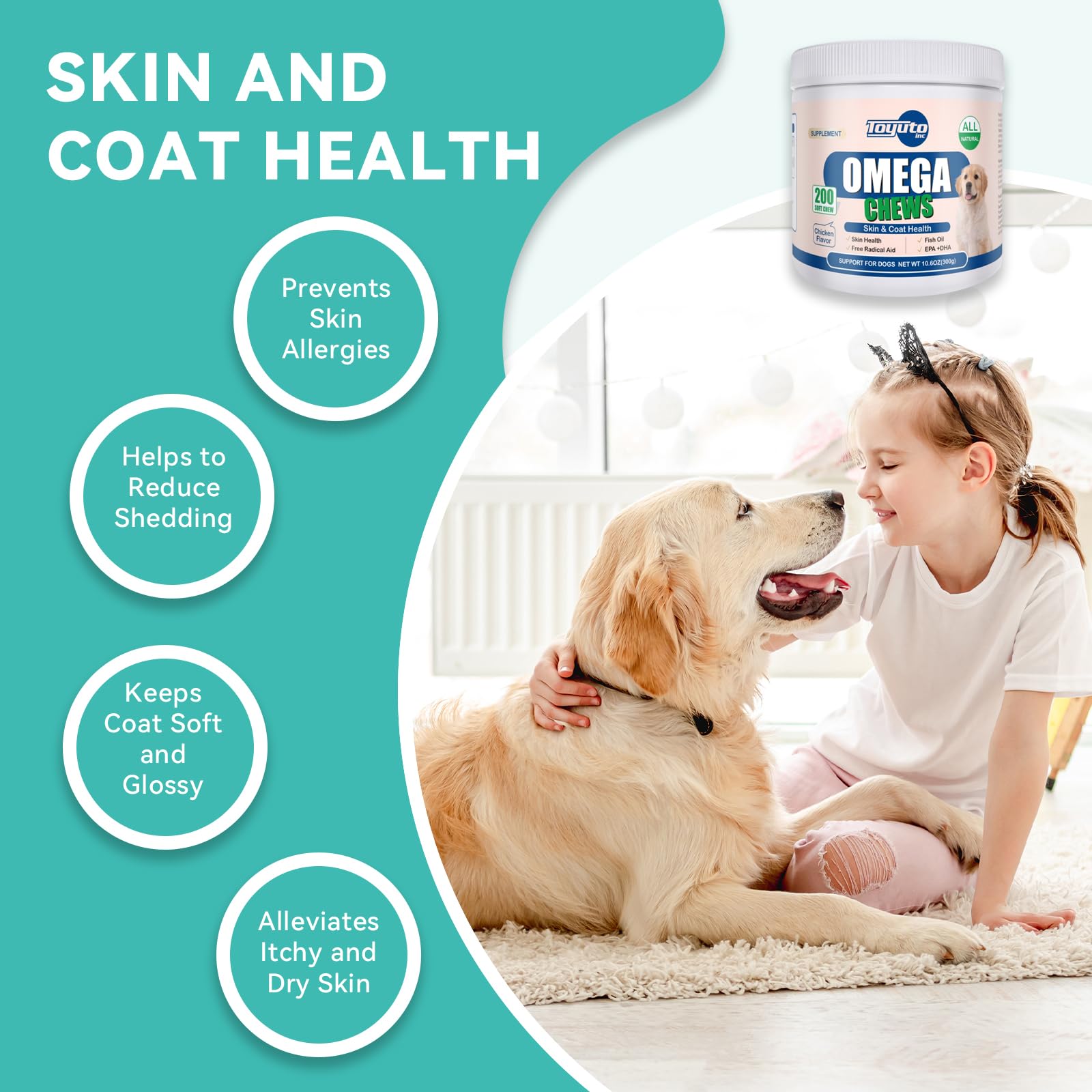Omega-3 Multivitamin Skin and Coat Supplement for Dogs Omega 3 Fish Oil Supplement, Supports Shedding, Skin & Coat, Immunity, EPA,DHA- 300g(200 Chews)