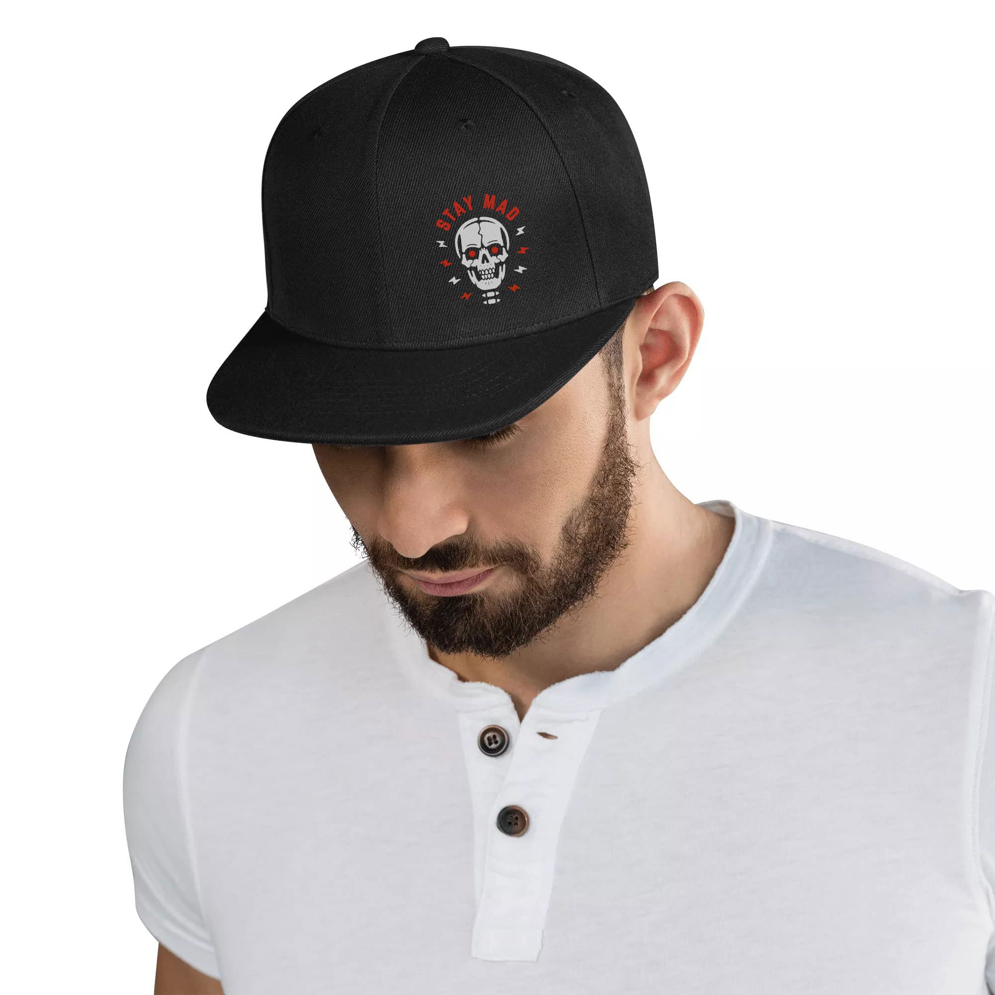 Flat Bill Hats for Men Snapback Hat Womens Skull Rock Baseball Cap Wide Brim Caps Adjustable Hip Hop Cool Trucker Dad Light Bulb Stay Mad