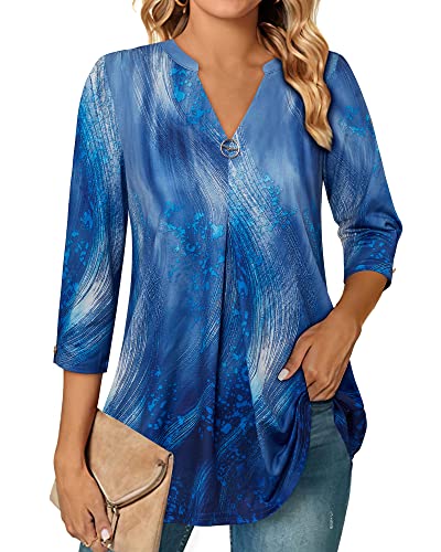 VALOLIA Women's Tops, Womens Summer Tops Womens 3/4 Sleeve Tunic Blouse Tops V Neck Shirts Womens Shirts and Blouses Tunic Tops for Women Loose Fit Tops for Women Tummy Coverage Starry Blue XX-Large