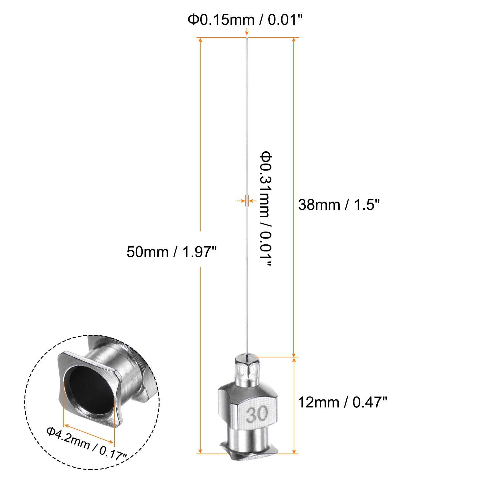 HARFINGTON 20pcs 30Gauge Stainless Steel Dispensing Needles, 1-1/2" All Metal Glue Needle Tube Blunt Tips Luer Lock for Thick Liquids, Ink, Glue, Lab Use
