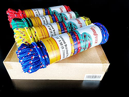 SunnyFence 3/8”, 200ft / 61m, (4 Packs X 3/8” X 50ft) Diamond Braided Polypropylene Premium Rope/Ropes Heavy Duty Rope with Red/Yellow/Blue/Green