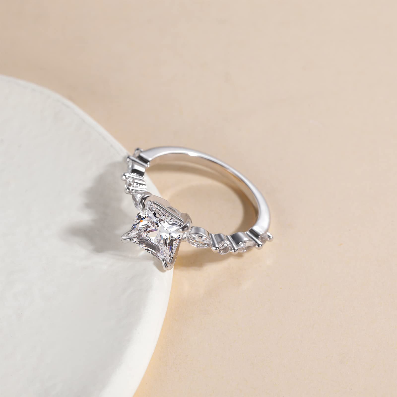 EAMTI 2CT 925 Sterling Silver Ring Princess Cut CZ Engagement Ring Marquise & Round Cubic Zirconia Wedding Band For Women Size 7