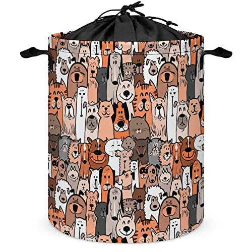 Many Dogs and Cats Laundry Basket Round Collapsible Storage Bin with Drawstring and Handle for Bedroom Bathroom Toys Room 17.3" X 13.8"